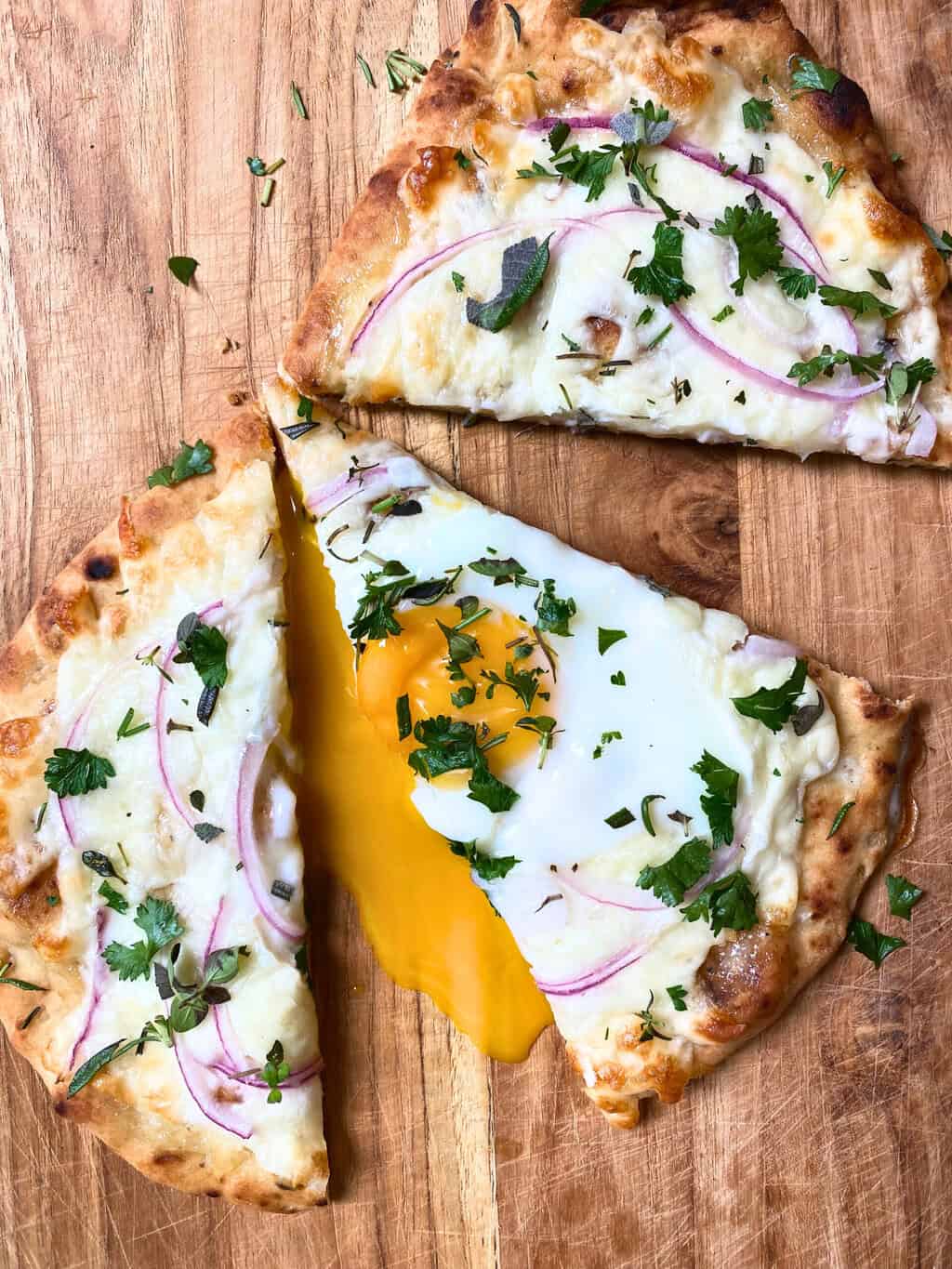 Flatbread Breakfast Pizza Recipe with Egg and Fresh Herbs